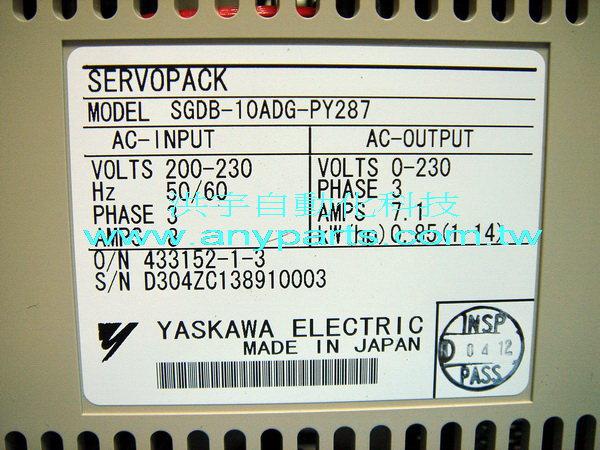 YASKAWA PLC SERVOPACK SGDB-10ADG-PY287 0.85Kw::::裕益科技有限公司::::YASKAW,SGDB-10ADG-PY287